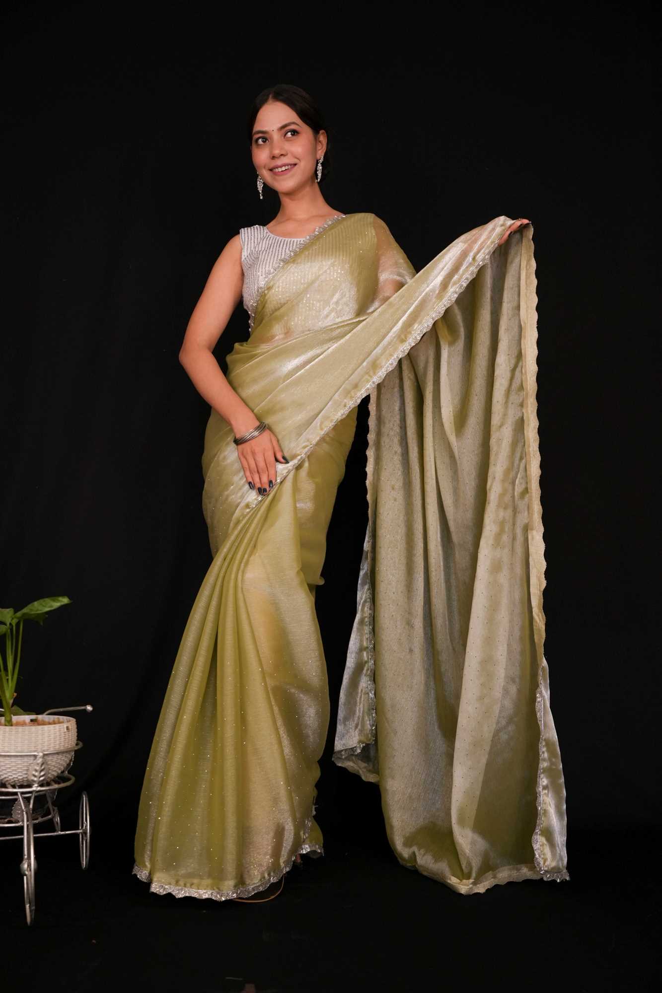 Pista Chiffon silk with silver lace border and sequin embellishments all over Predraped Ready to ...