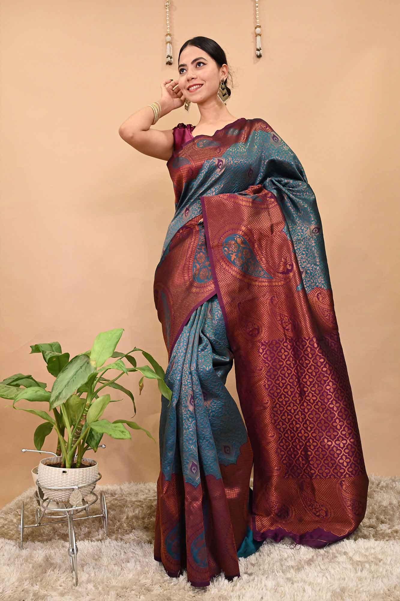 Kanchipuram Pattu meets Banarasi Brocade Teal Blue With Copper Zari ...