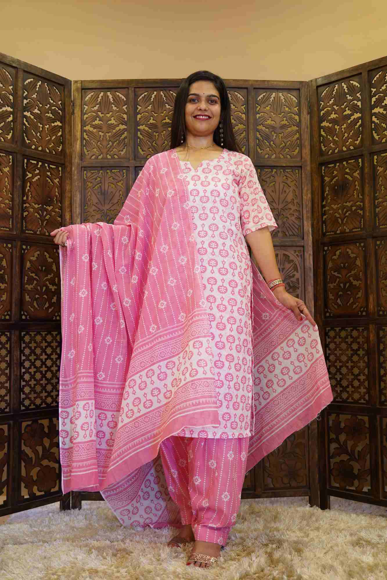 Traditional Styled Block Printed With Dupatta & Soft Cotton Salwar Kam