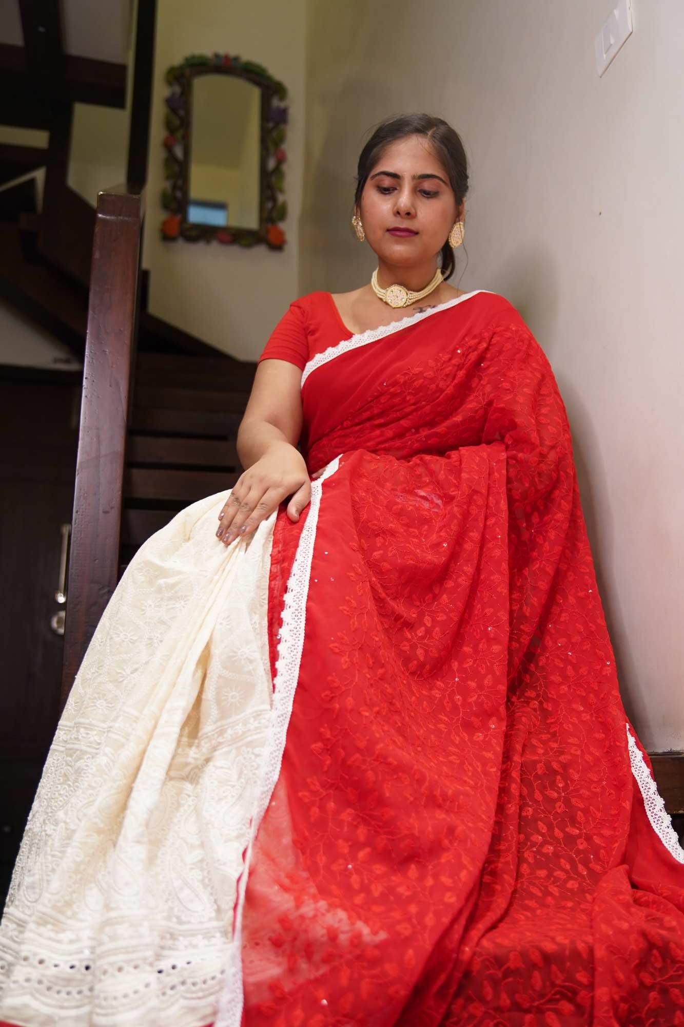Red and white Cotton Hakoba Work Cotton with Embroidered Pallu and lac