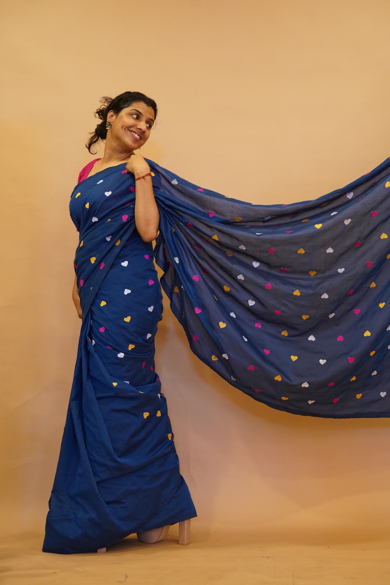 Beautiful Blue With Multicolor Heart Embroidered Overall Soft Khadi ...