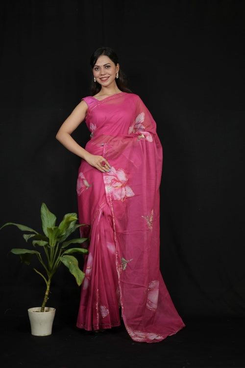 Soft Tebi Georgette Silk with Cutdana handwork floral ready to wear ...