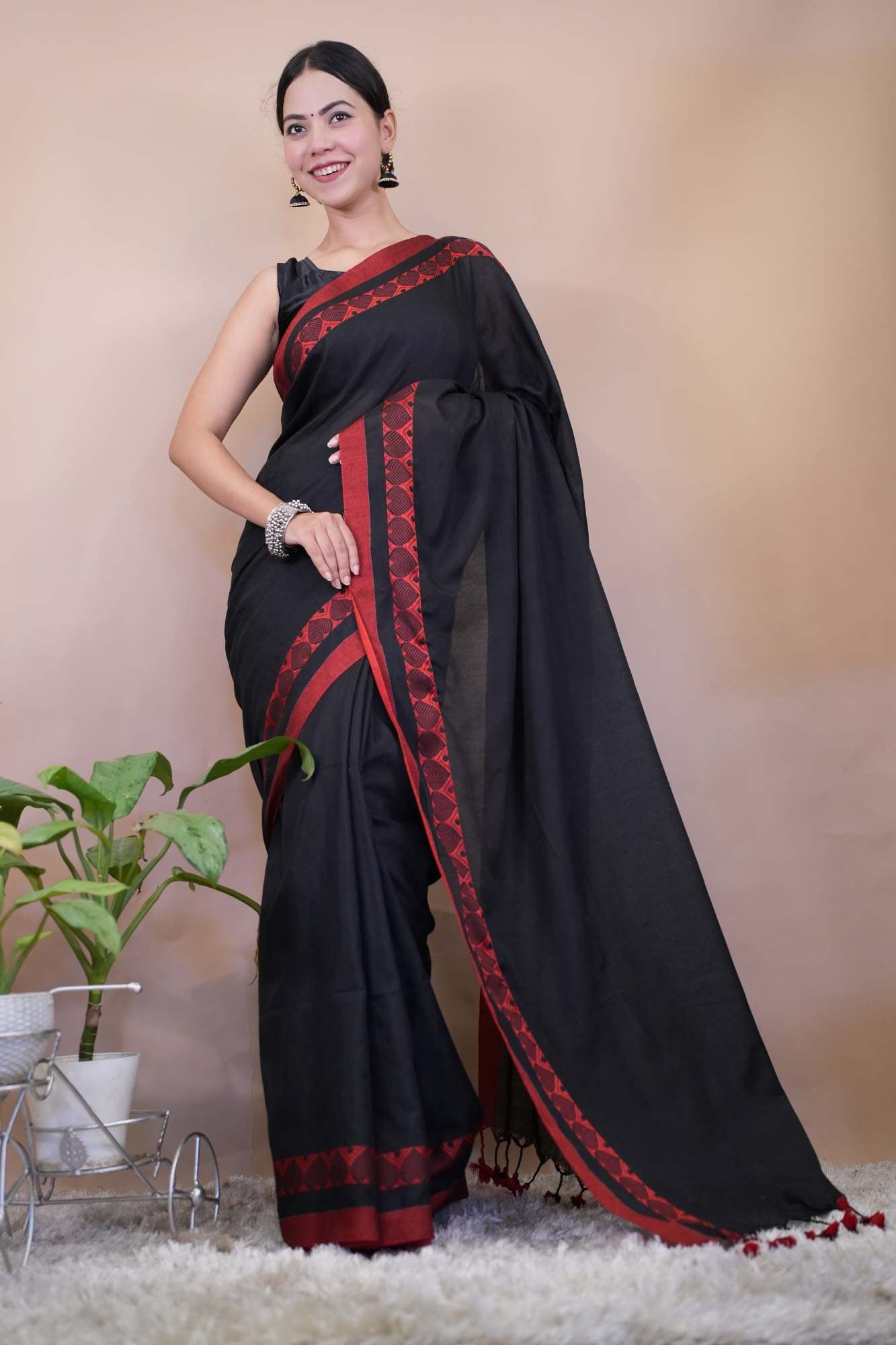 Black Handloom Soft Cotton with Beautiful Red Heart Naksha weave Ready