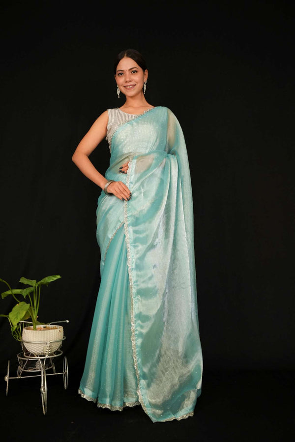 Chiffon silk with silver lace border and sequin embellished all over P