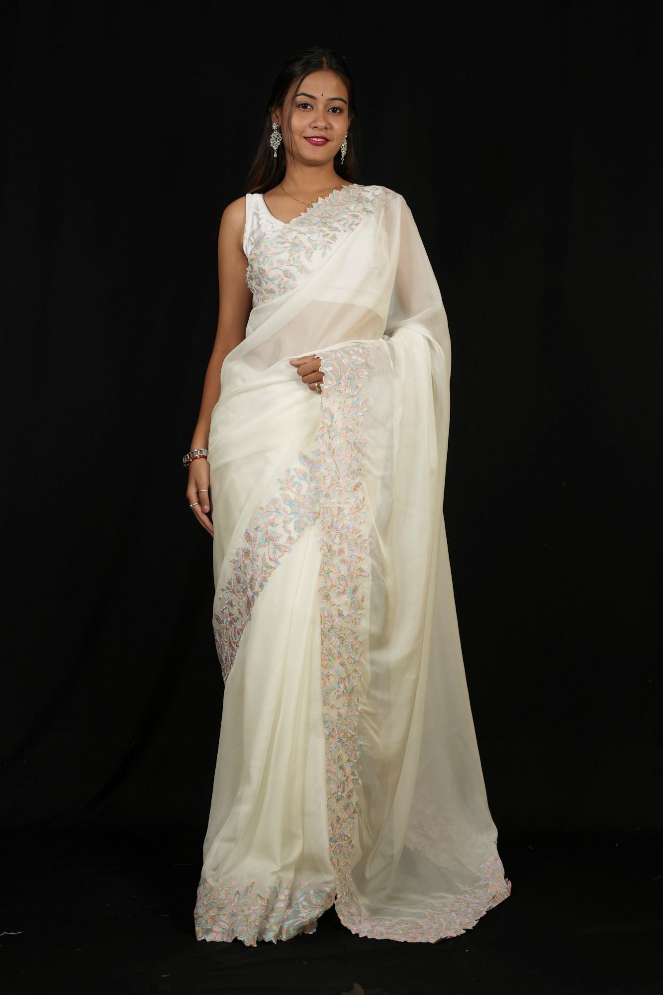 White & Pink Floral Embroidered Georgette with Scalloped Sequin Border ...