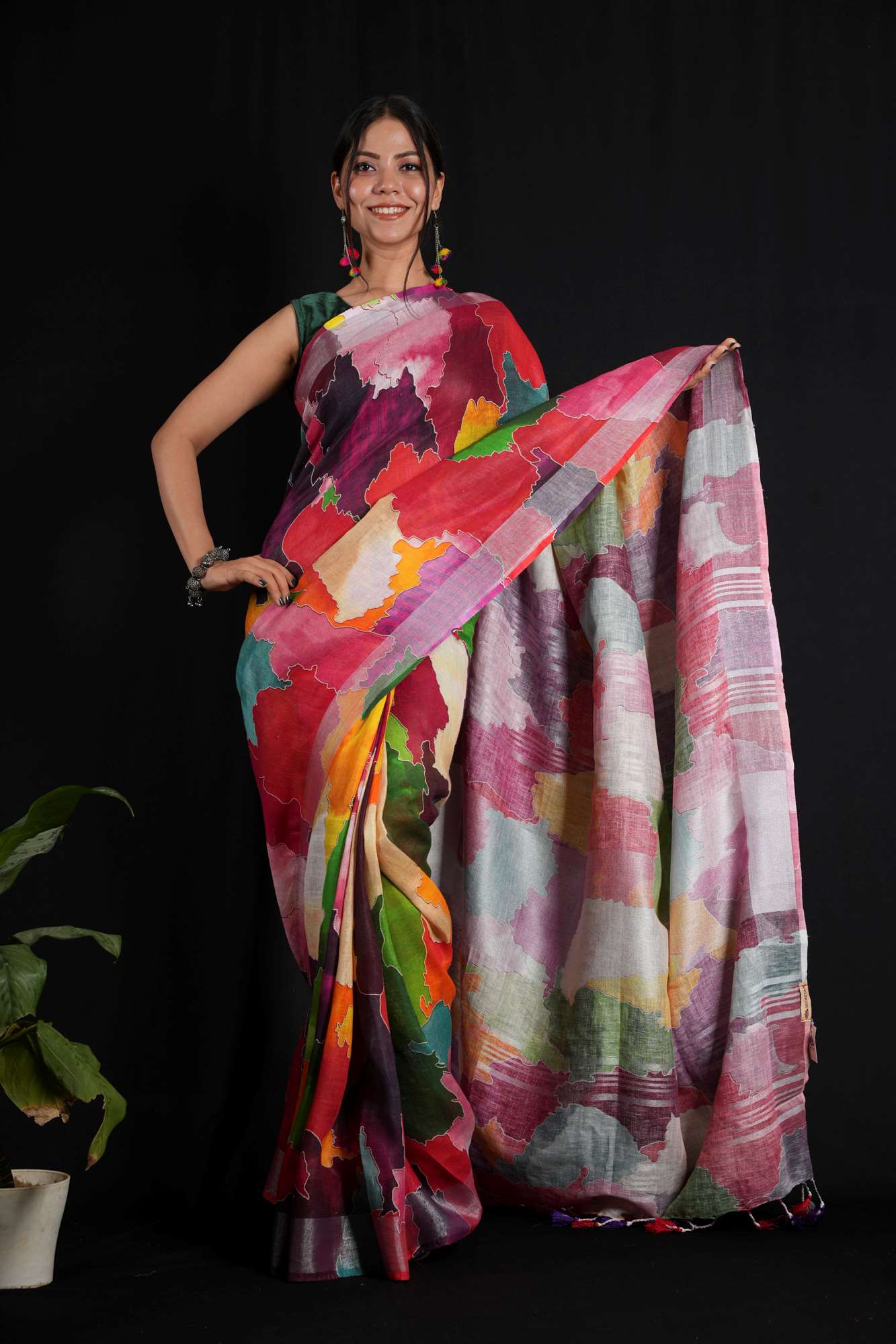 Abstract Print Multicolor Pure Premium Handwoven Linen Saree with Zari ...