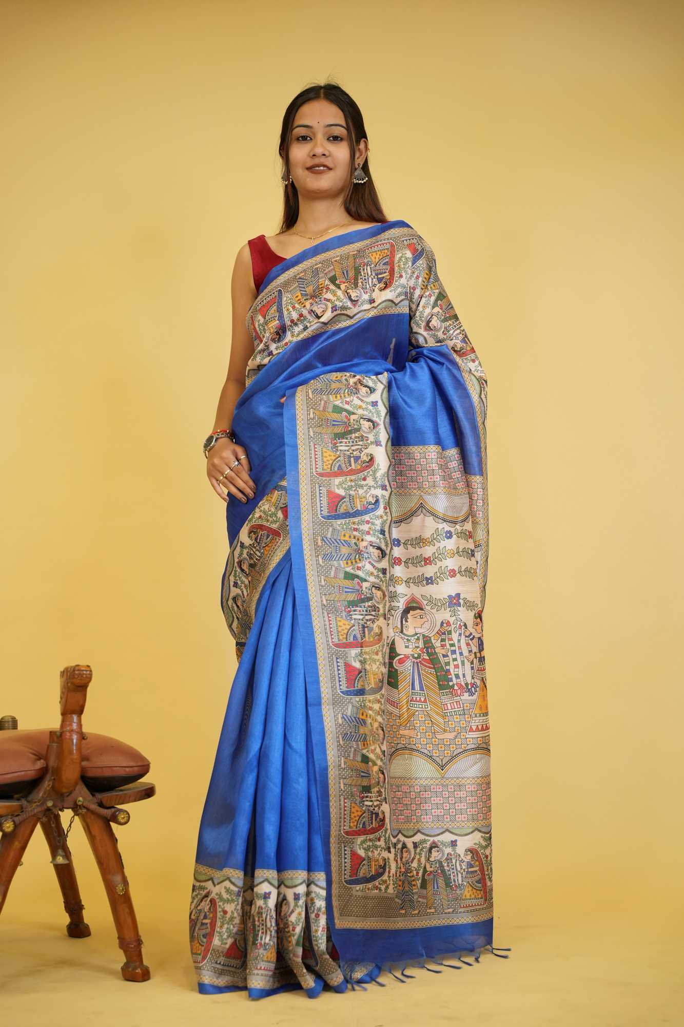 Elegant Blue Semi Ghicha Tussar Silk Saree with Madhubani ready to wea