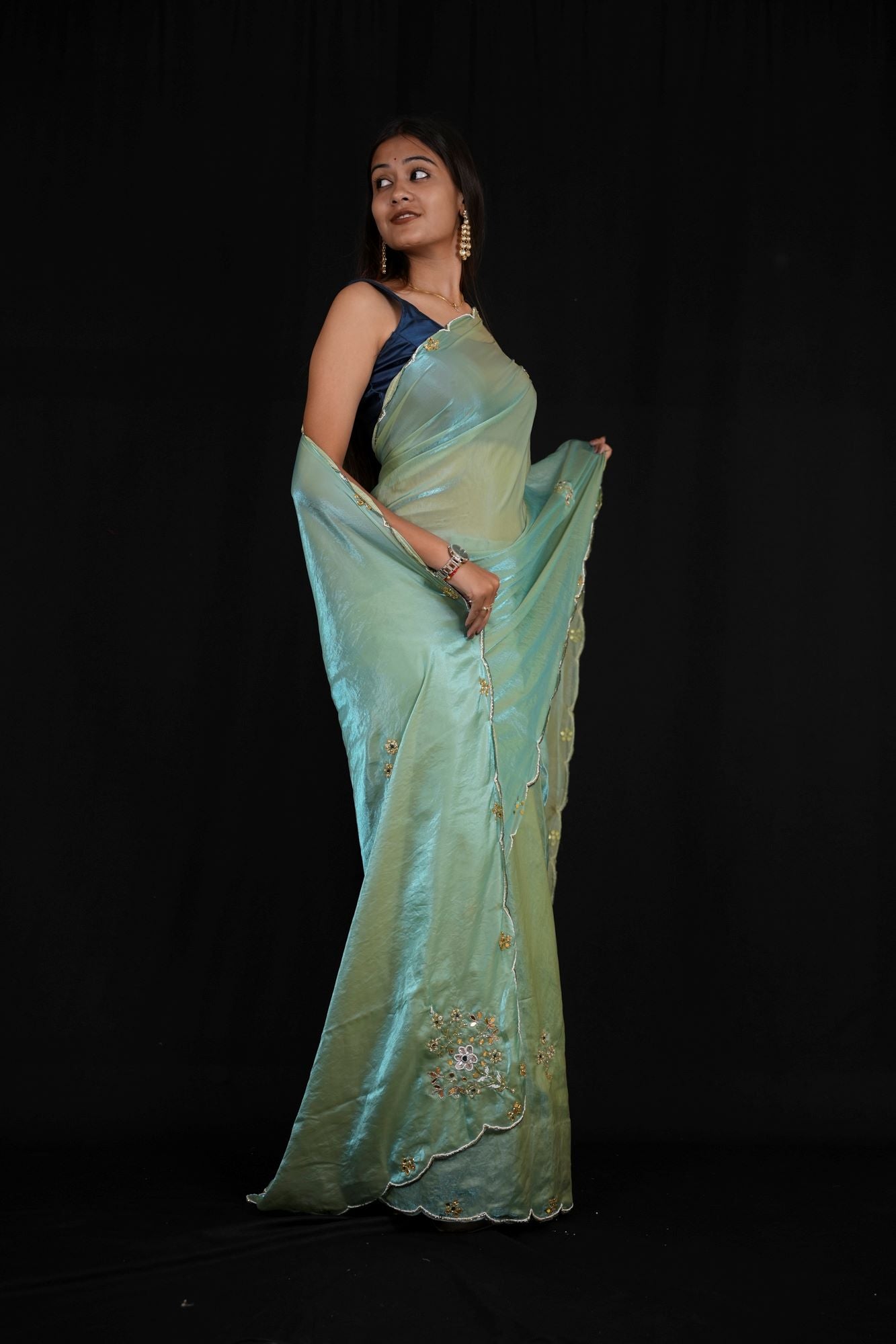 Satin silk with Handwork Butta and Sequined Scalloped Border Ready To ...