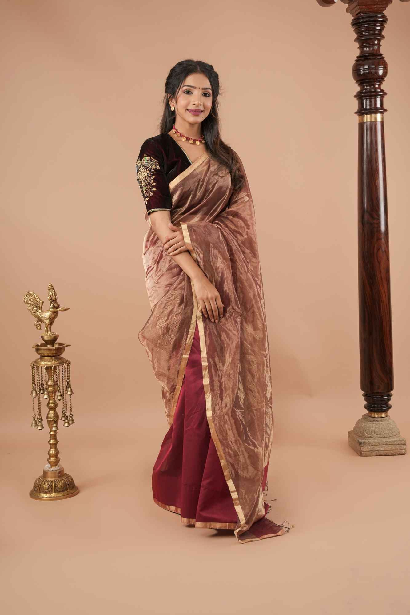 Pre drape Exquisite Half and Half Maroon and Zari Tissue Maheshwari ...