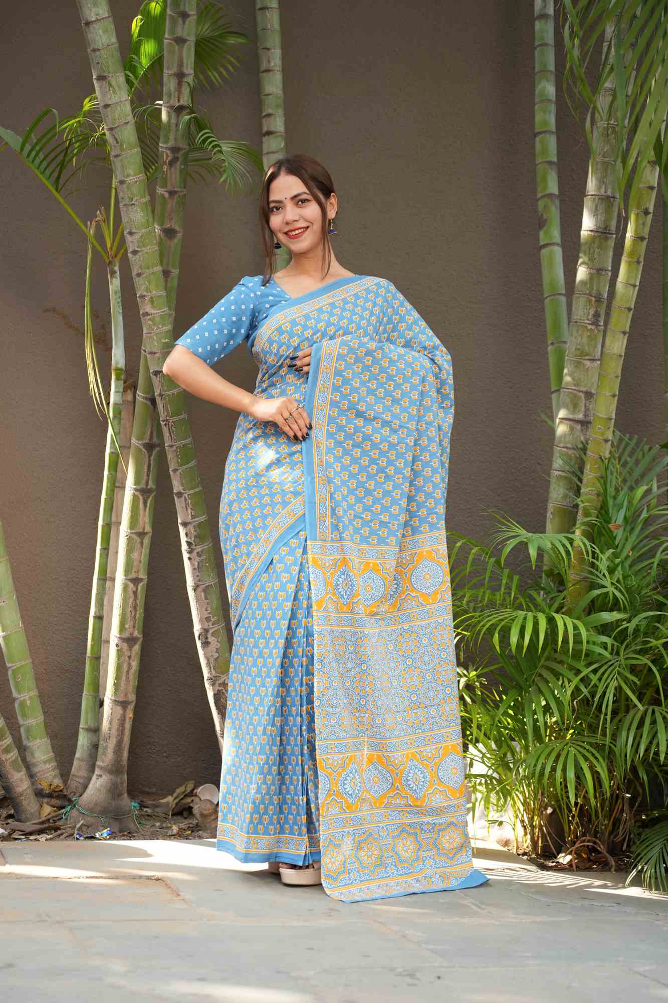 Light Blue Cotton Saree with Floral Hand Block Print Ready To Wear Sar