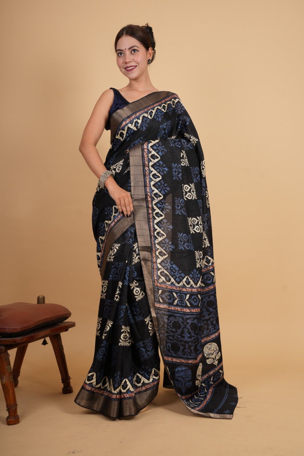 Soft Cotton Silk With Overall Printed & Zari Bordered Ready To Wear Sa