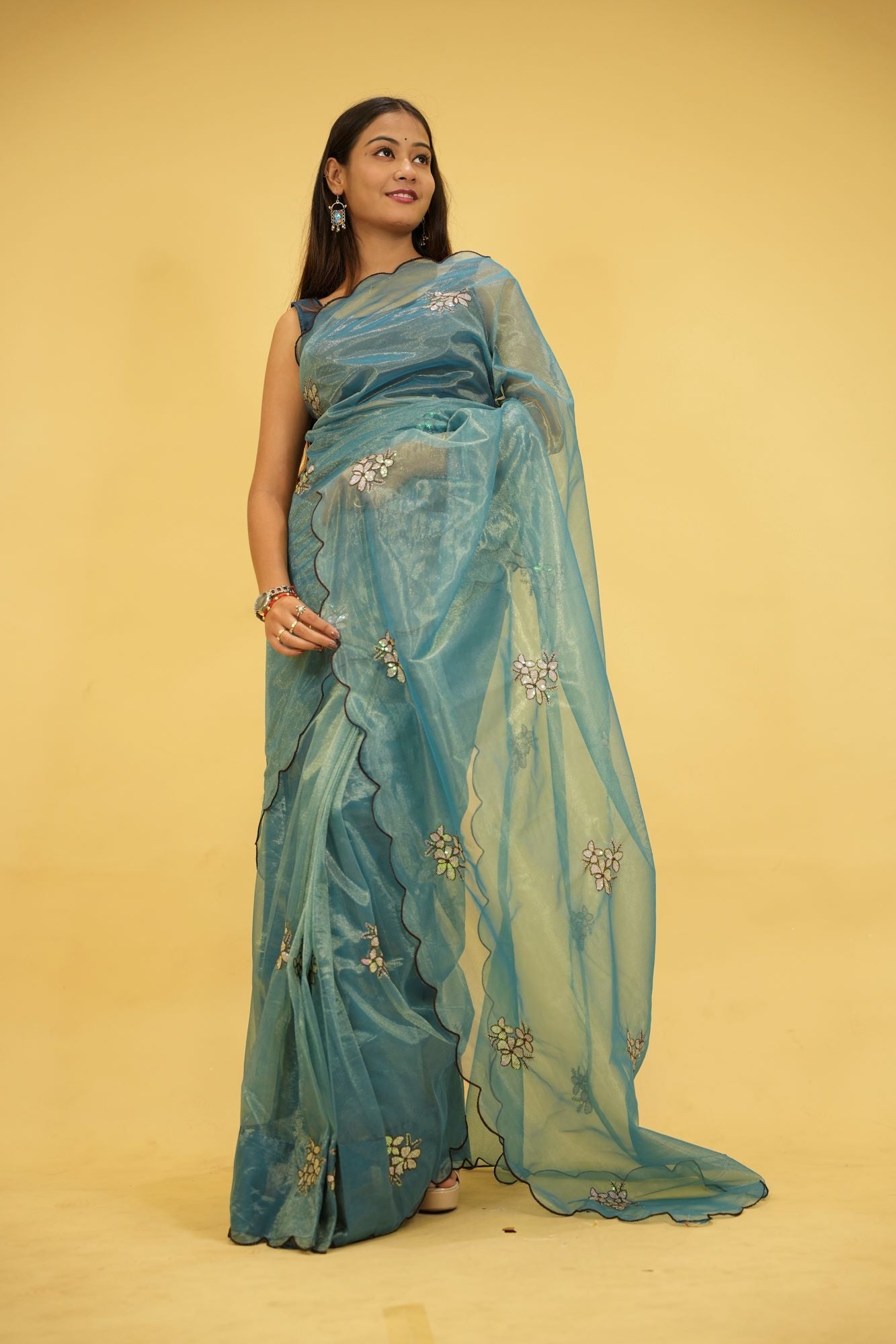 Sky Blue Jimi chu chiffon silk with Floral Embroidery Ready To Wear ...