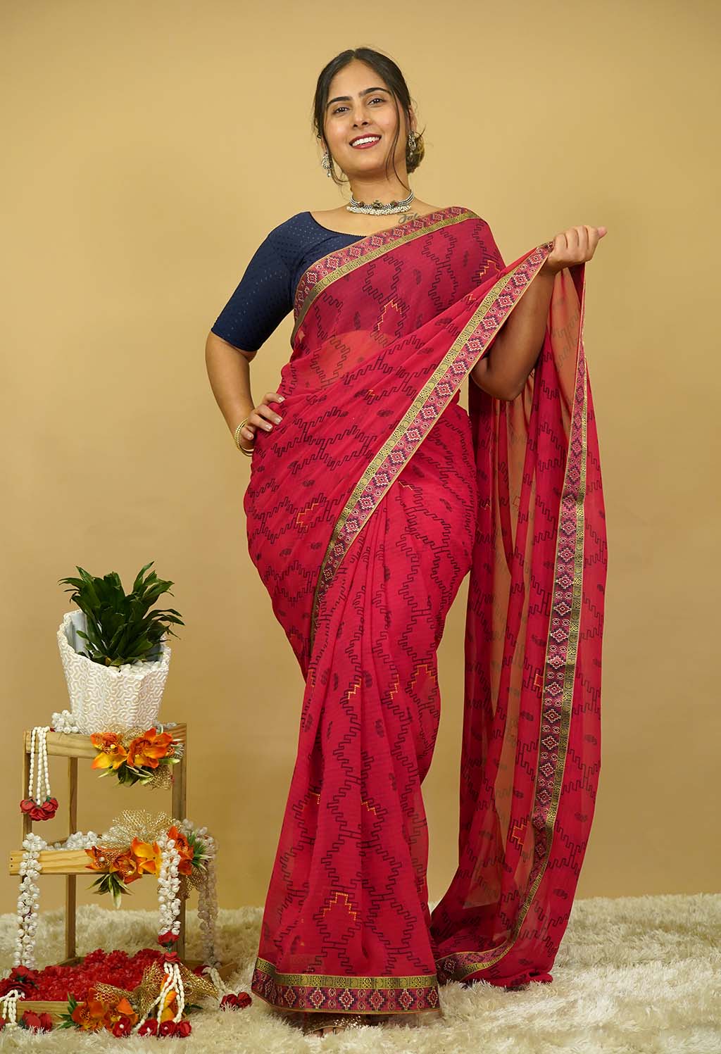 Ready to wear Geometric Printed Georgette Woven Border Wrap IN One ...