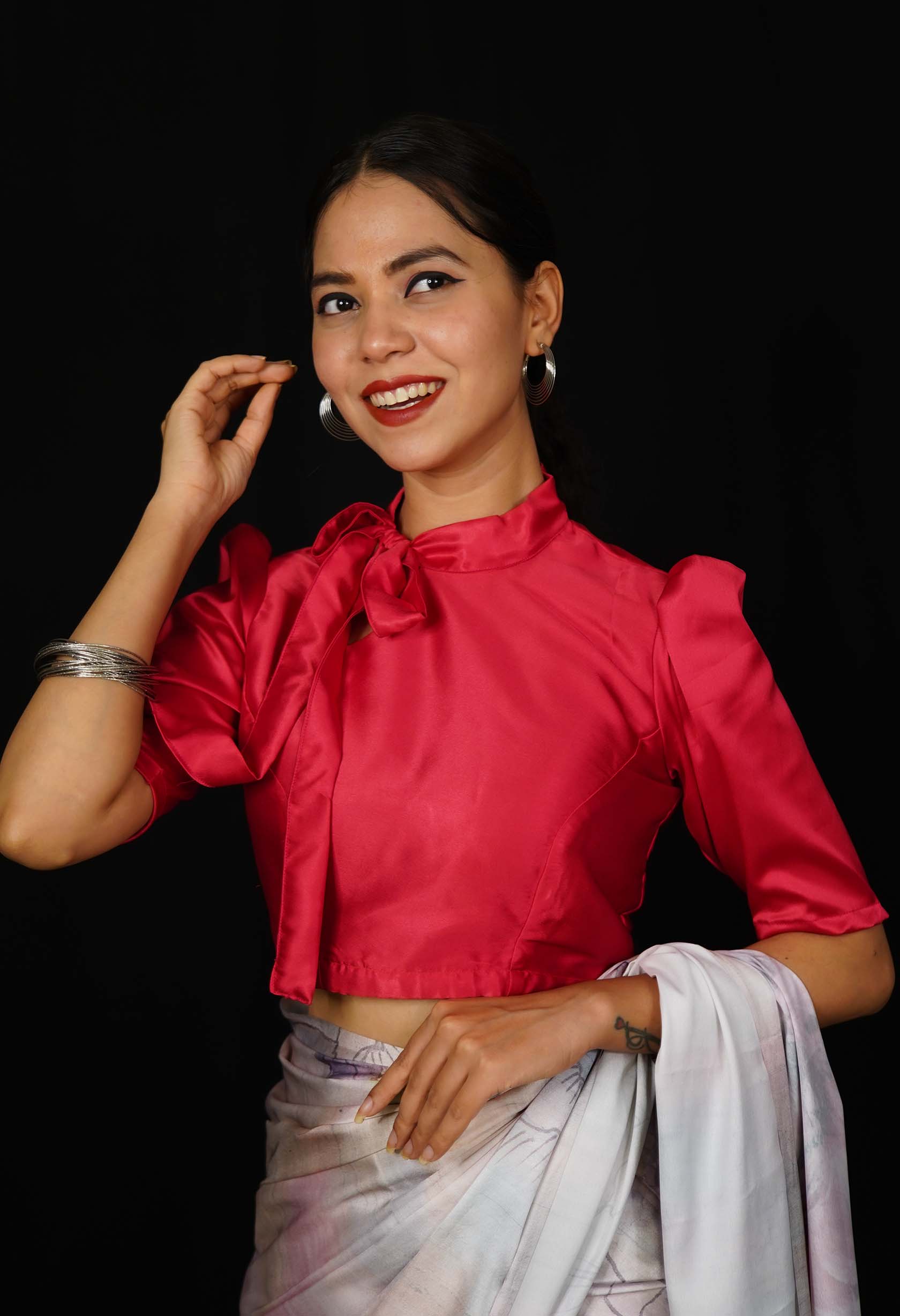 Designer Collar Tying With Puff Sleeve & Princess Cut Detailed Pink Sa