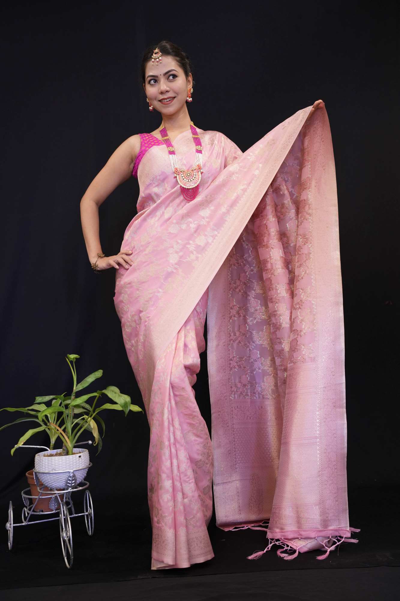 Banarasi Jaal Weaving Light Pink Ready to Wear Wrap In One Minute Saree ...