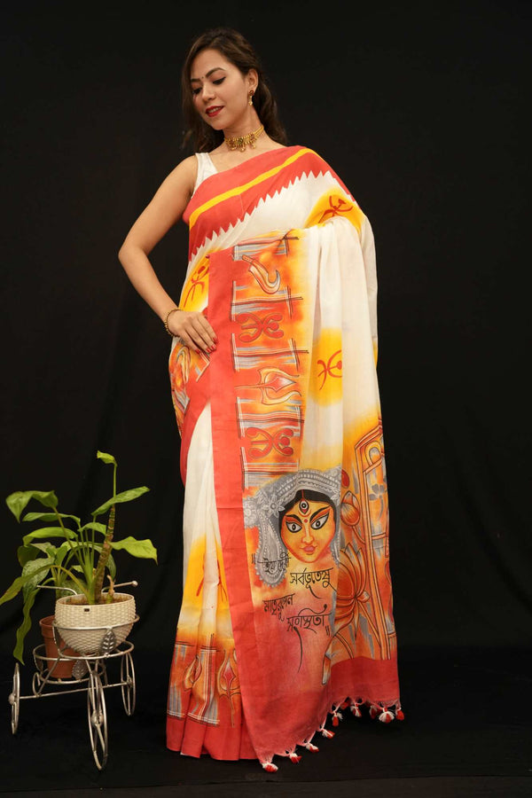 Bengali Pure Cotton With red border & printed pallu durga maa Wrap In 1 ...