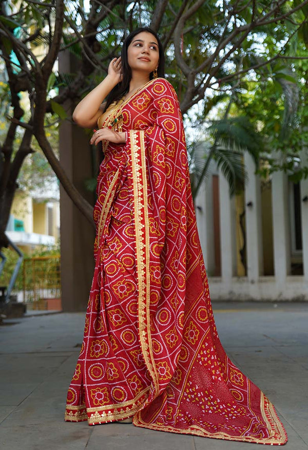 GEORGETTE SATIN SILK BANDHANI READY TO WEAR SAREE WITH TRADITIONAL ...