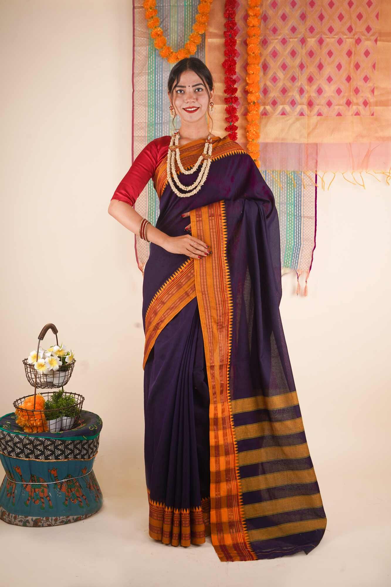 Traditional Ethnic Look with Deep Violet Zari Naksha woven Border Pure