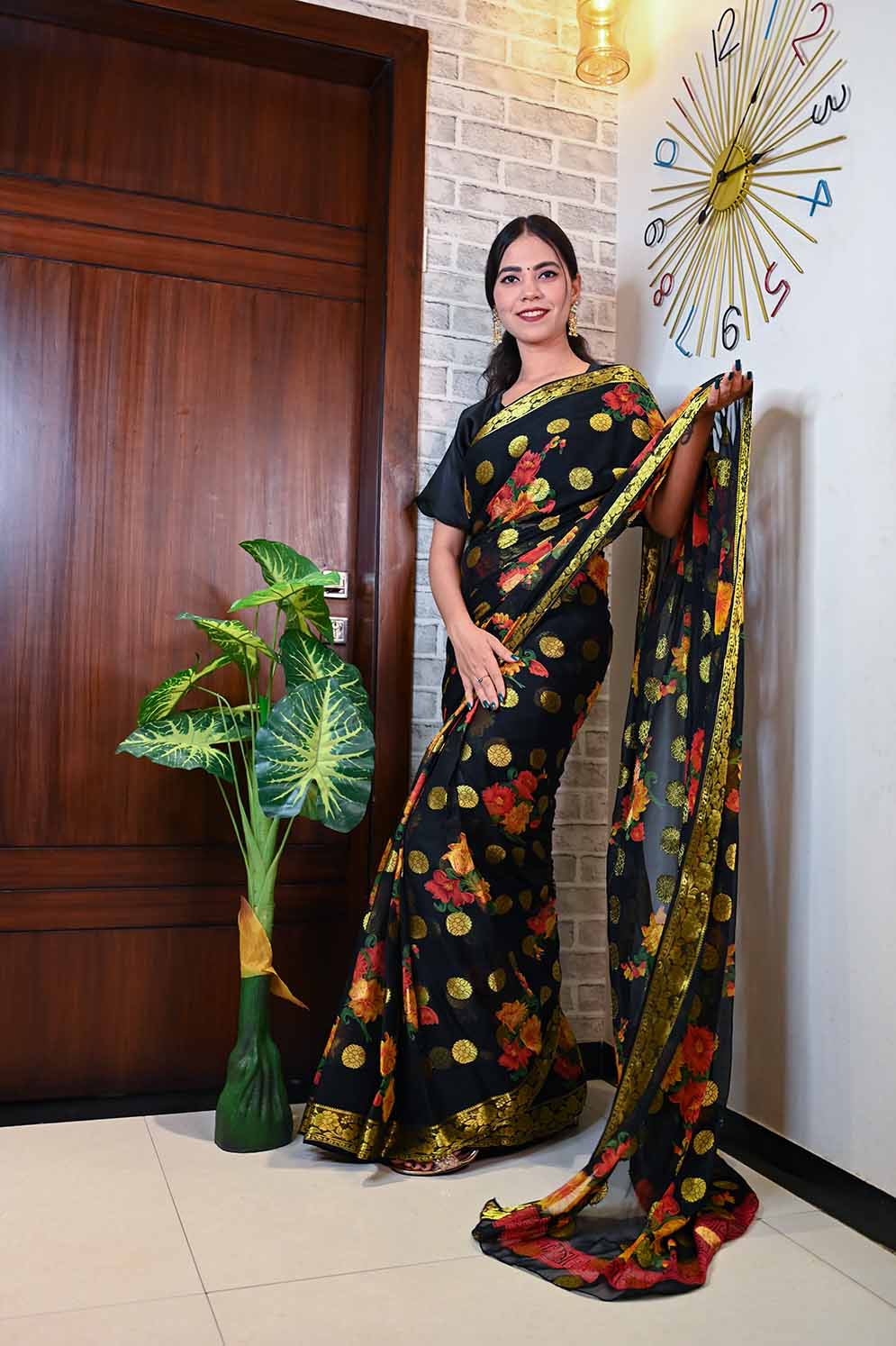 Beautiful Black Floral painted chiffon with Boota all over one minute