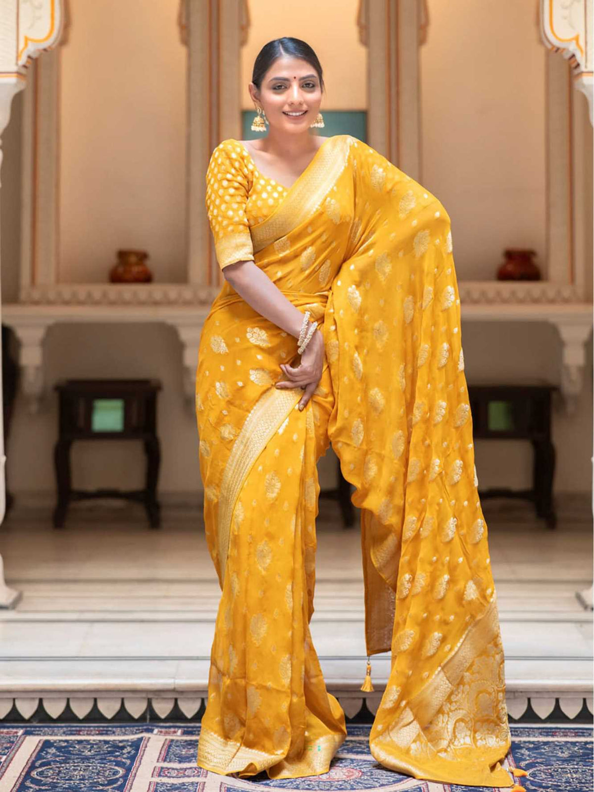 Exquisite Musturd Yellow Semi Katan Silk Saree with Intricate All-Over ...
