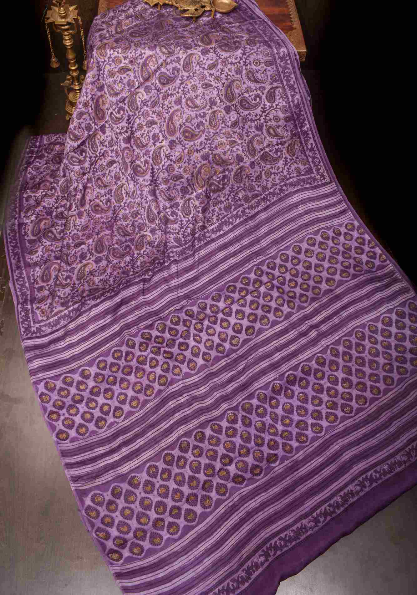 Dark Lilac Vanaspati Hand Block Print on Modal Silk Saree Ready To Wear ...