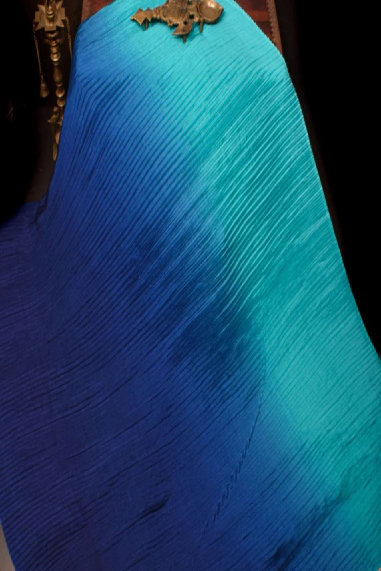 Contemporary shaded Satin pleated half and half saree in Shades of Blu