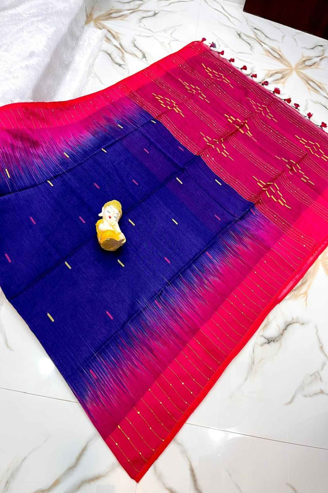 Handloom Cotton Kothi with Ikkat & Temple Border Wrap In 1 Mintue Sare