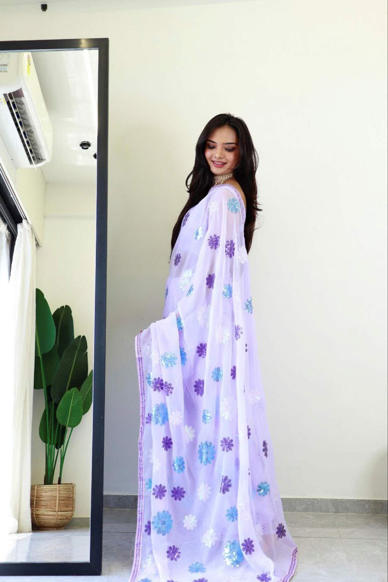 Lavender Toned Georgette With Sequin Interwoven Motif & Lace border 1