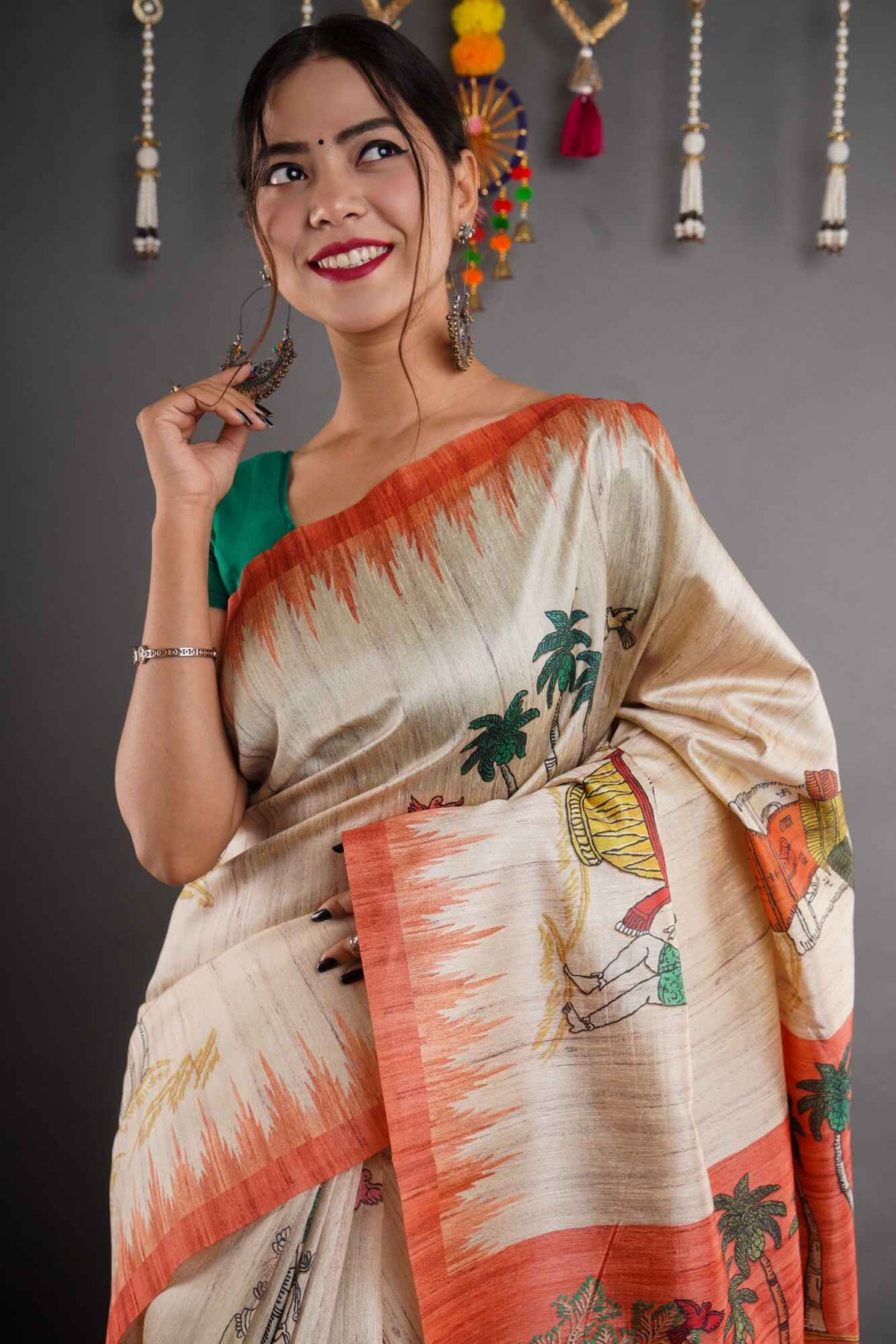 Madhubani Printed Art Tussar Silk Bhagalpuri Wrap in 1 minute saree