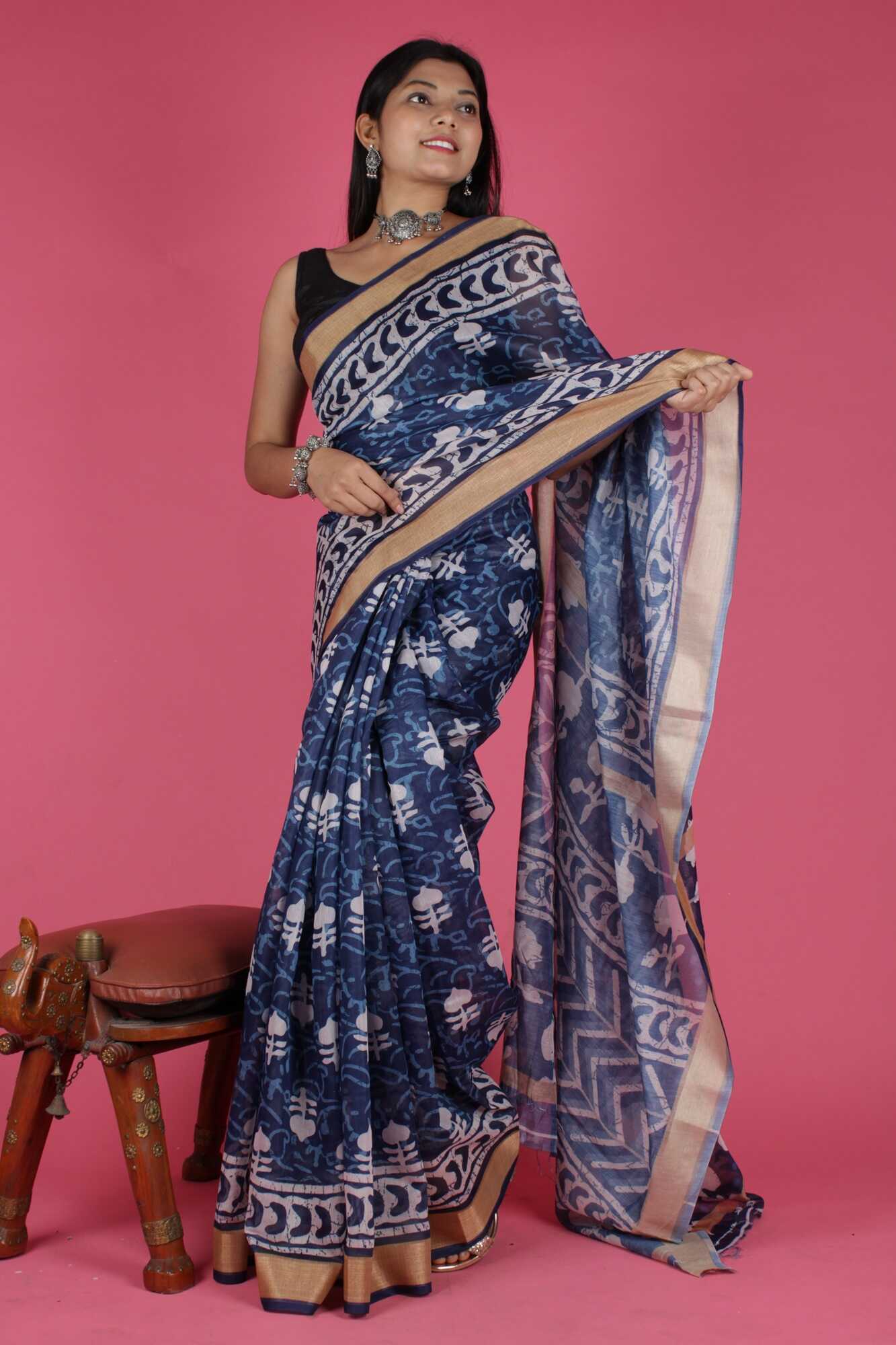 Indigo Chanderi soft cotton With Weaving Golden Border Digital Printed