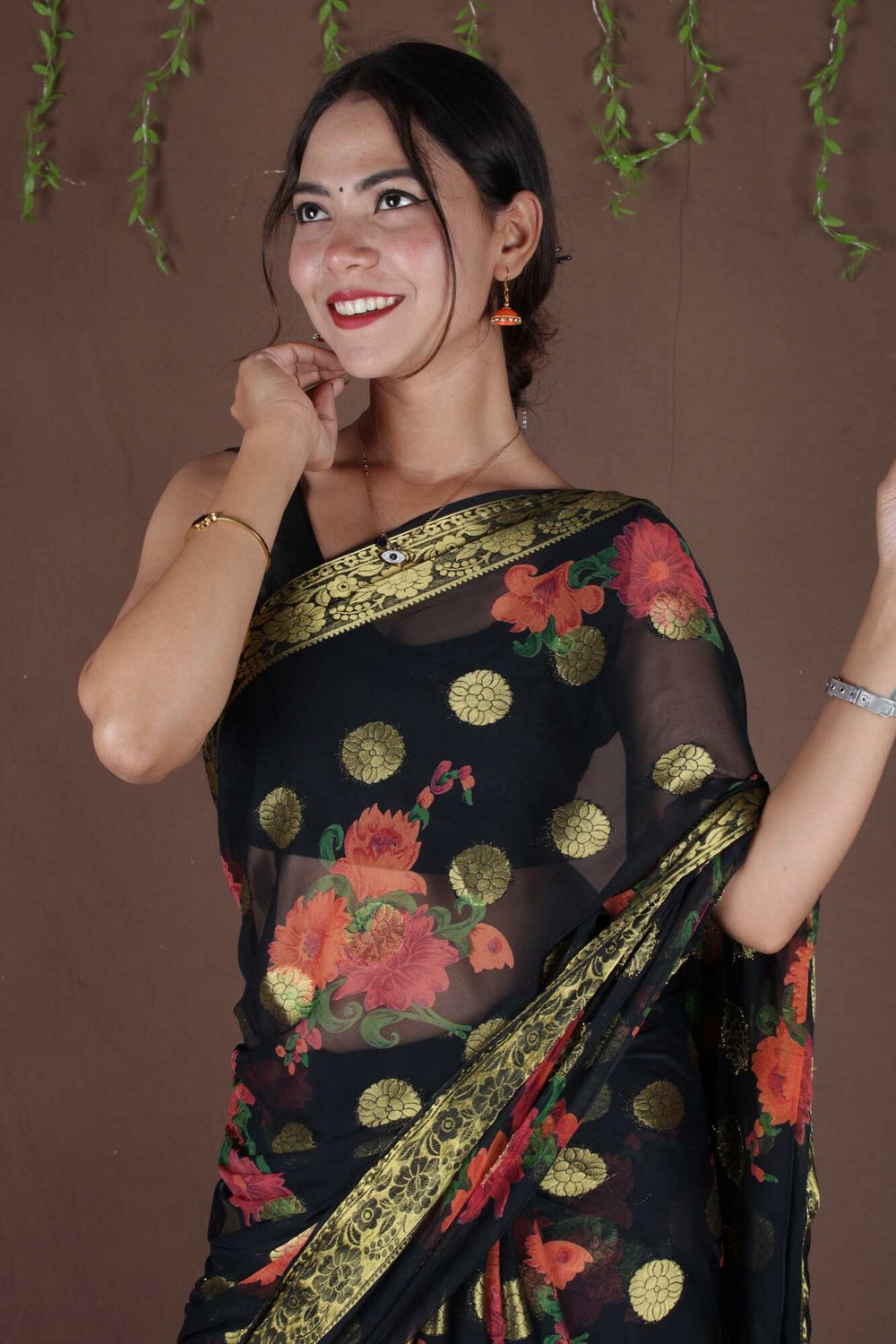Beautiful Black Floral painted chiffon with Boota all over one minute