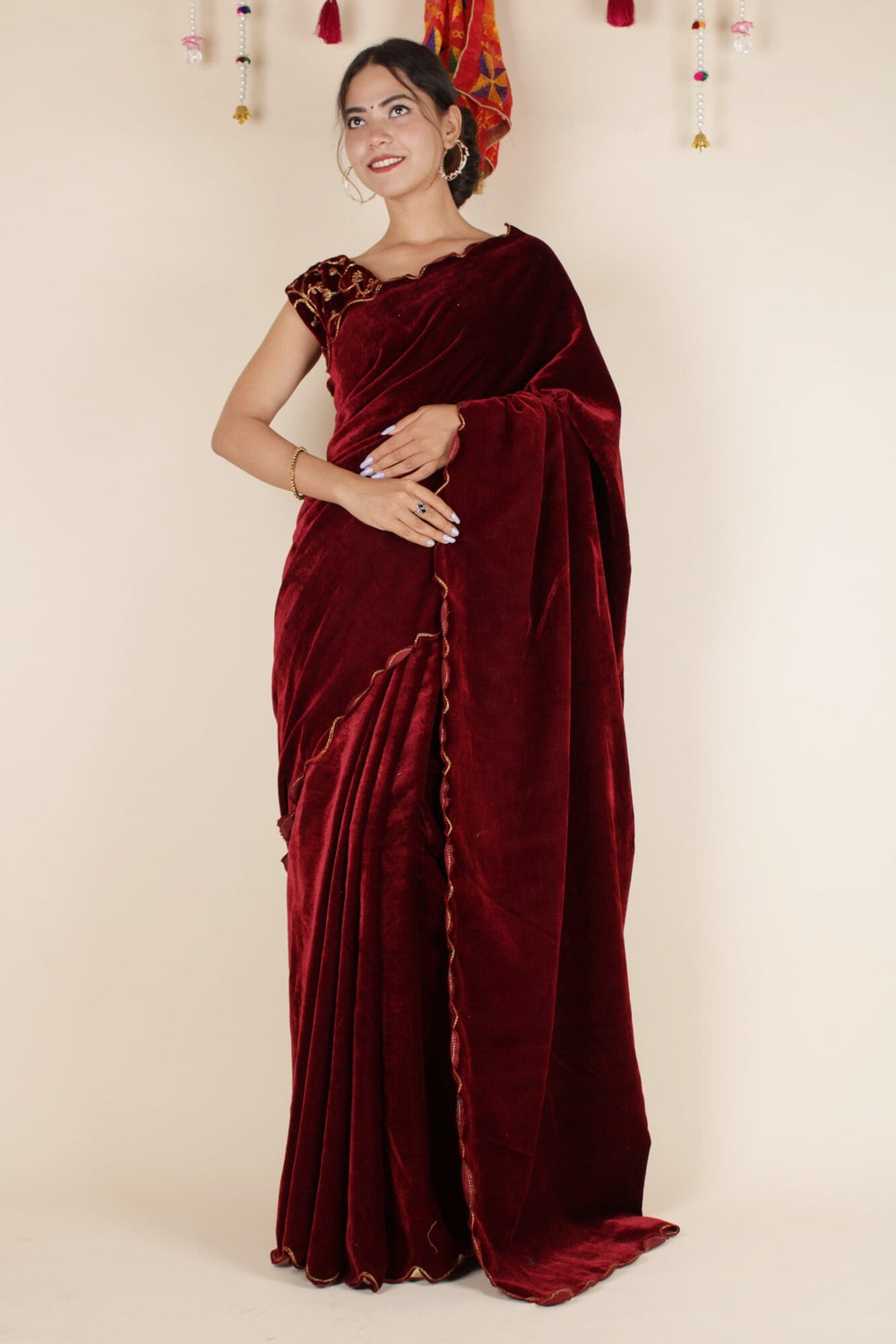 Beautiful Velvet Maroon solid saree with embroidered border wrap in 1 ...